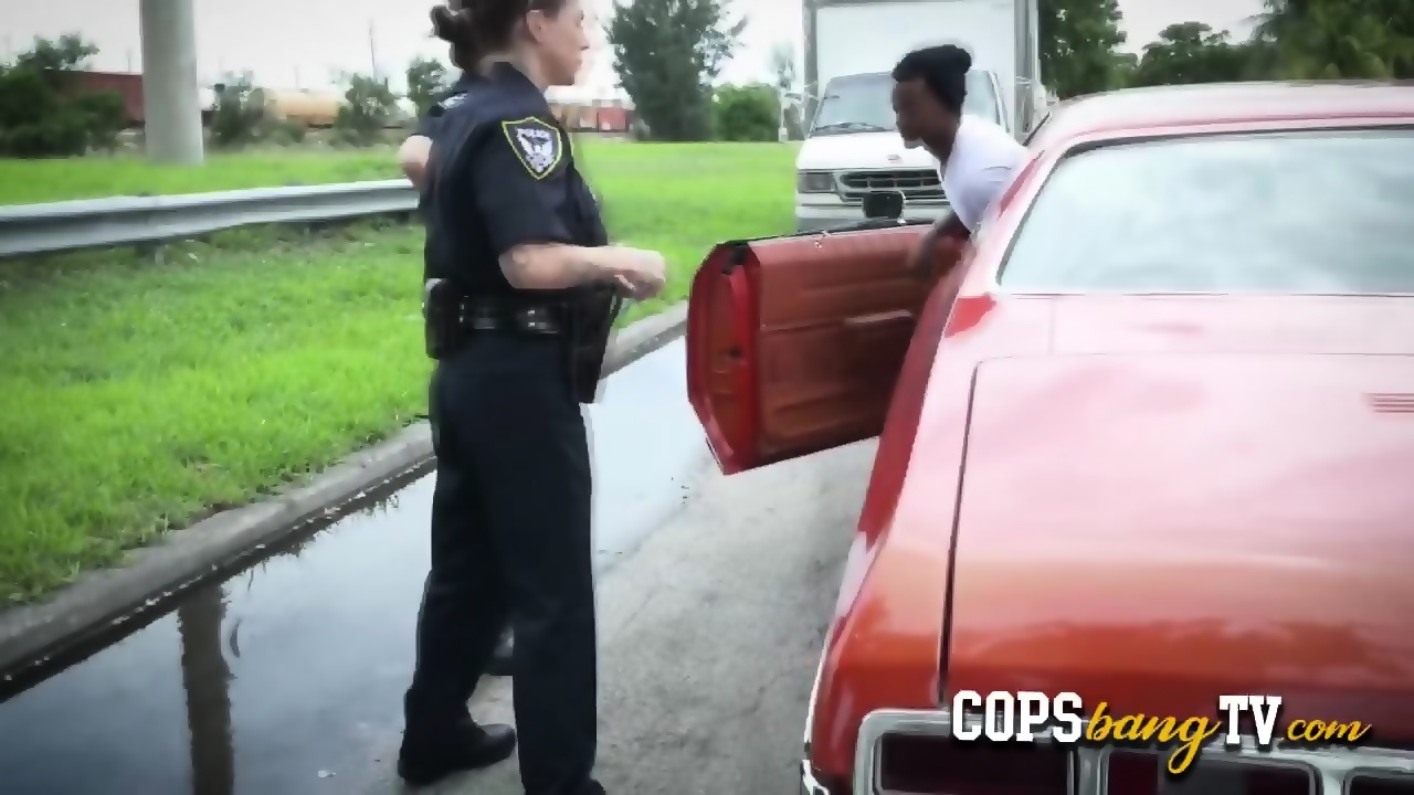 Black Dude Enjoys Fucking A Tattooed Cop On Her Police Car In Front Of Her Horny Partner Join